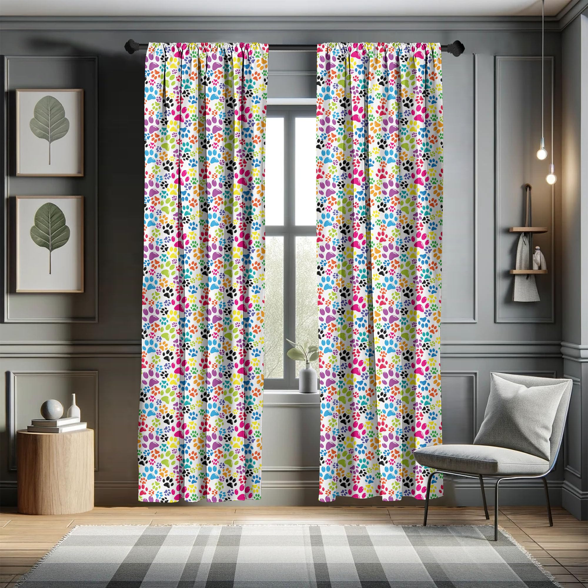 Ambesonne Dog Window Curtains, Colorful Little Paws Steps Art Cartoon Unusual Traces Design, Lightweight Decor 2-Panel Set with Rod Pocket, Pair of - 28" x 84", Purple Blue