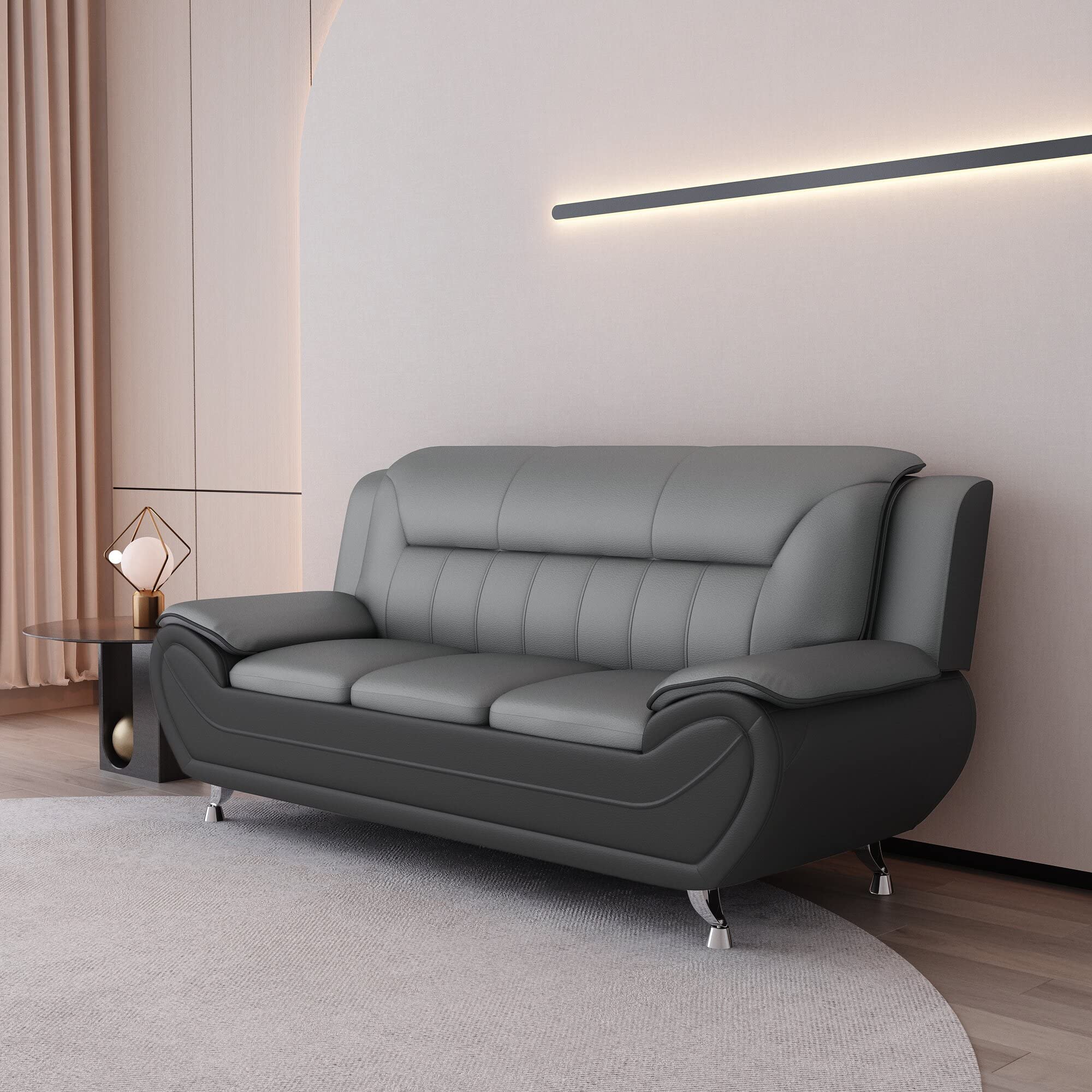 Container Furniture Direct Modern Style Faux Leather Sofa with Extra Comfortable Pillow Top Armrests Ideal for Living Room, Bedroom or Home Office Couch, 79.2ββ Wide, Grey/Black