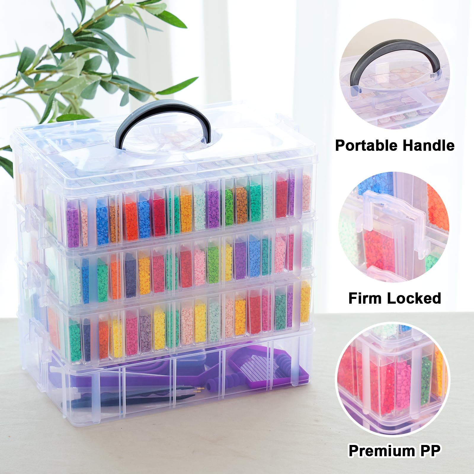 QUEFE 264 Slots 4-Tier Diamond Painting Storage Container Clear Stackable Bead Organizer with Diamond Painting Accessories and Tools for DIY Diamond Art Craft Jewelry Bead Storage