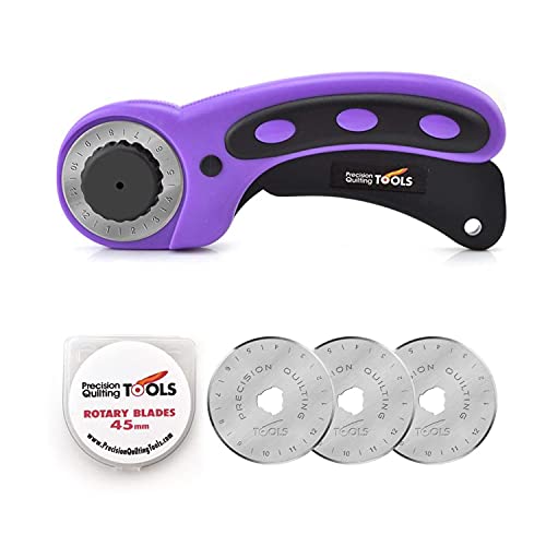 Precision Quilting Tools 45mm Deluxe Rotary Cutter with 3 Extra Blades (Purple) - Fabric Cutter/Rotary Cutter for Fabric/Fabric Rotary Cutter