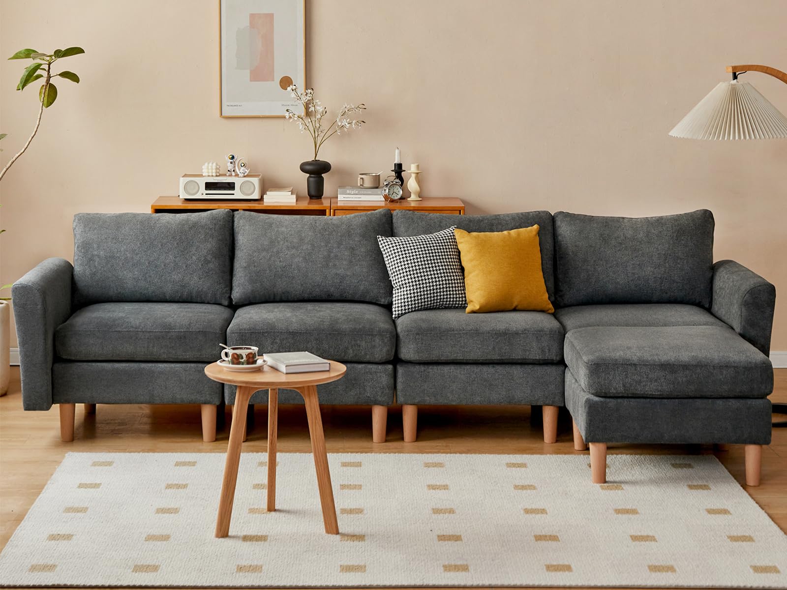 Cpintltr Modular Sectional Sofa 5 Seat Polyester Sofa Bed with Reversible Chaise Convertible L Shaped Couch with Ottomans Memory Foam Sleeper Sofa with Tapered Wood Legs for Living Room Beige