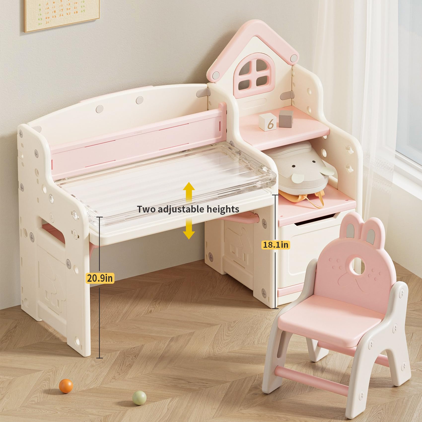 UNICOO Kids 3 in 1 Multifunctional Desk, Kids Activity Table, Children Height Adjustable Learning Desk, Toddler Drawing Table Art Table with Chair Set (QB-002-P Pink)