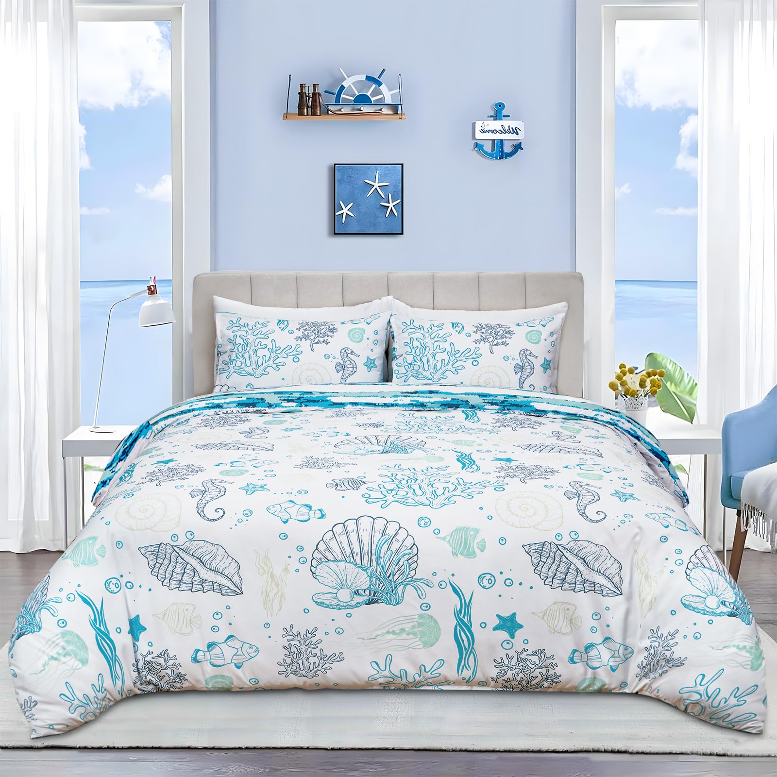 Likiyol Duvet Cover King Set, Coastal Comforter Cover with Zipper Closure, Seashells and Sealife Nautical Soft Microfiber Bedding Sets 3 Pieces(1 Duvet Cover+2 Pillowcases)