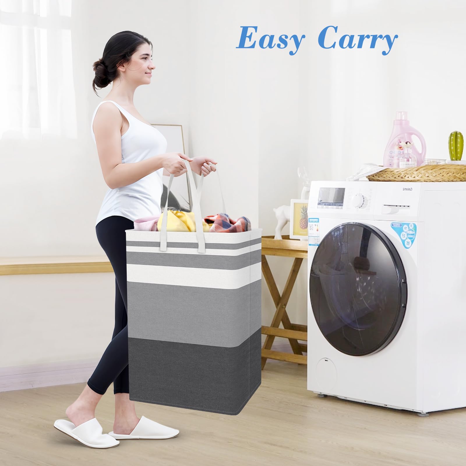 BlissTotes 3-Pack Laundry Basket, Freestanding&Waterproof Laundry Hamper, Collapsible Tall Clothes Hamper with Easy Carry Handles for Clothes, Towels in the Family and Dorm,Gradient Grey,75L