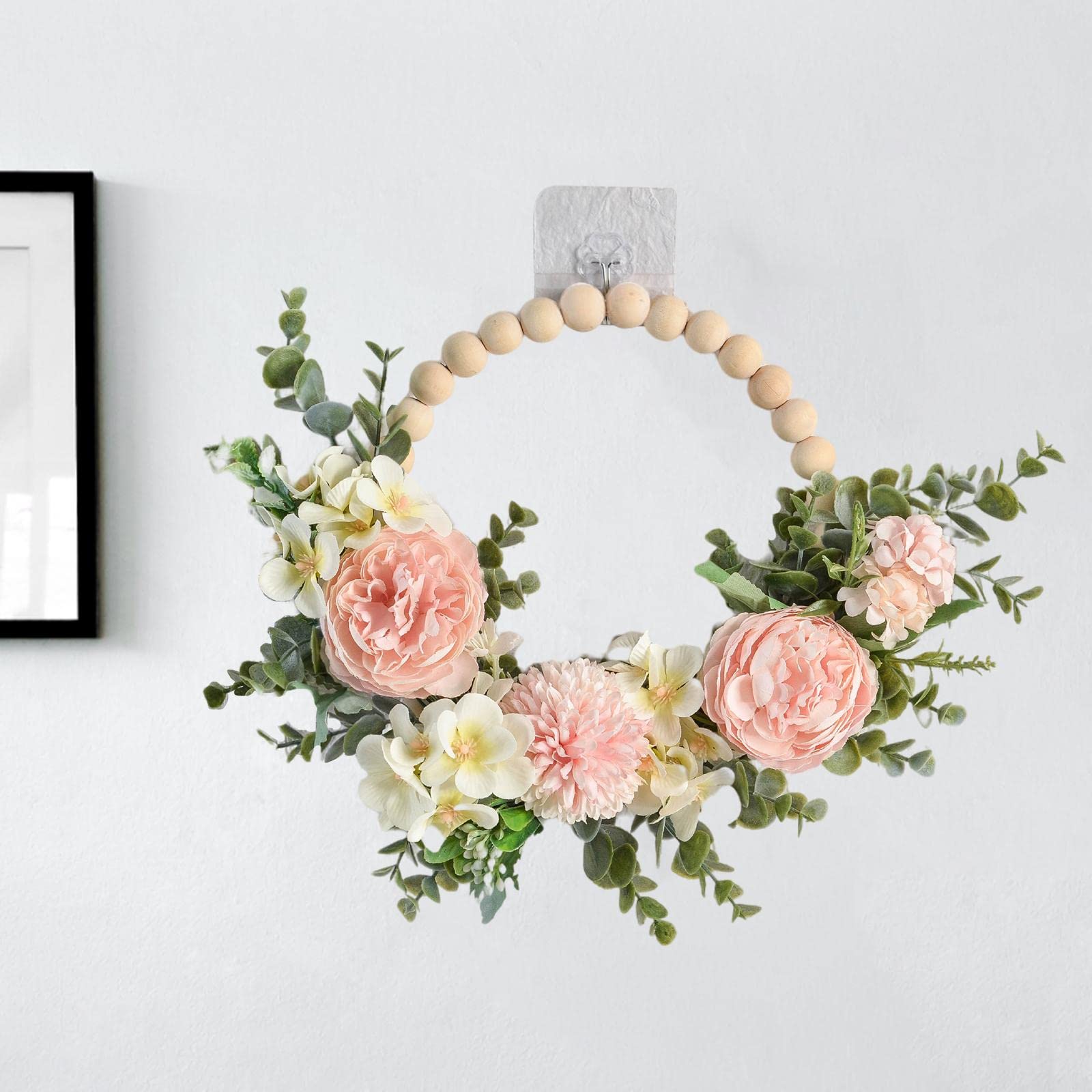 Artificial Wreath Faux Floral Wreath Spring Wreath Wooden Bead Round