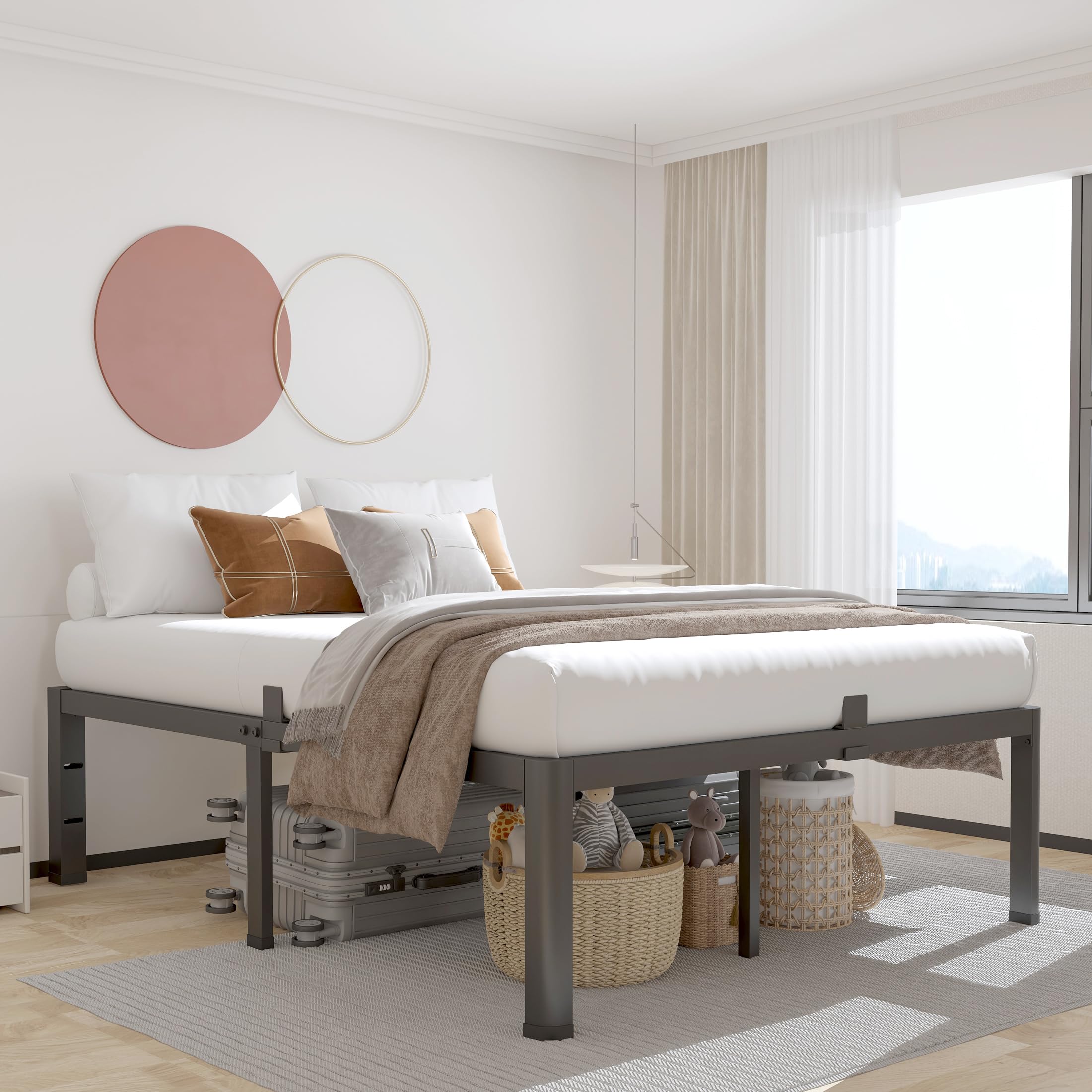 ROIL 18 inch Metal Full Bed Frame with Rounded Corner and Headboard Hole Mattress Retainers 3500LBS Heavy Duty Steel Slats No Box Spring Needed Platform Noise-Free Easy Assembly