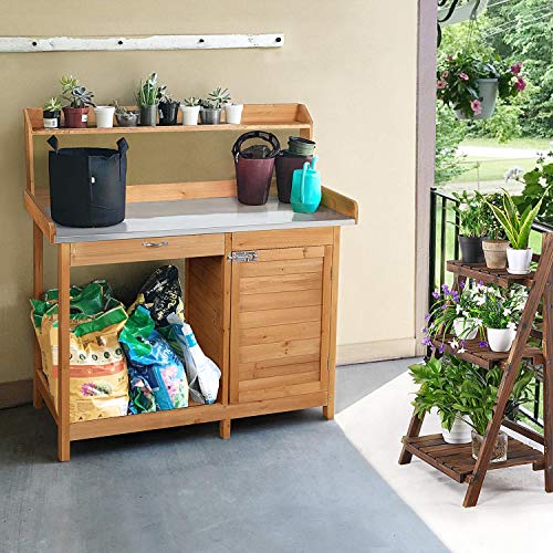 Yaheetech Outdoor Potting Bench Table, Garden Workstation w/Metal Tabletop/Cabinet Drawer/Open Top/Lower Shelf/Handy Hooks for Horticulture, Natural Wood