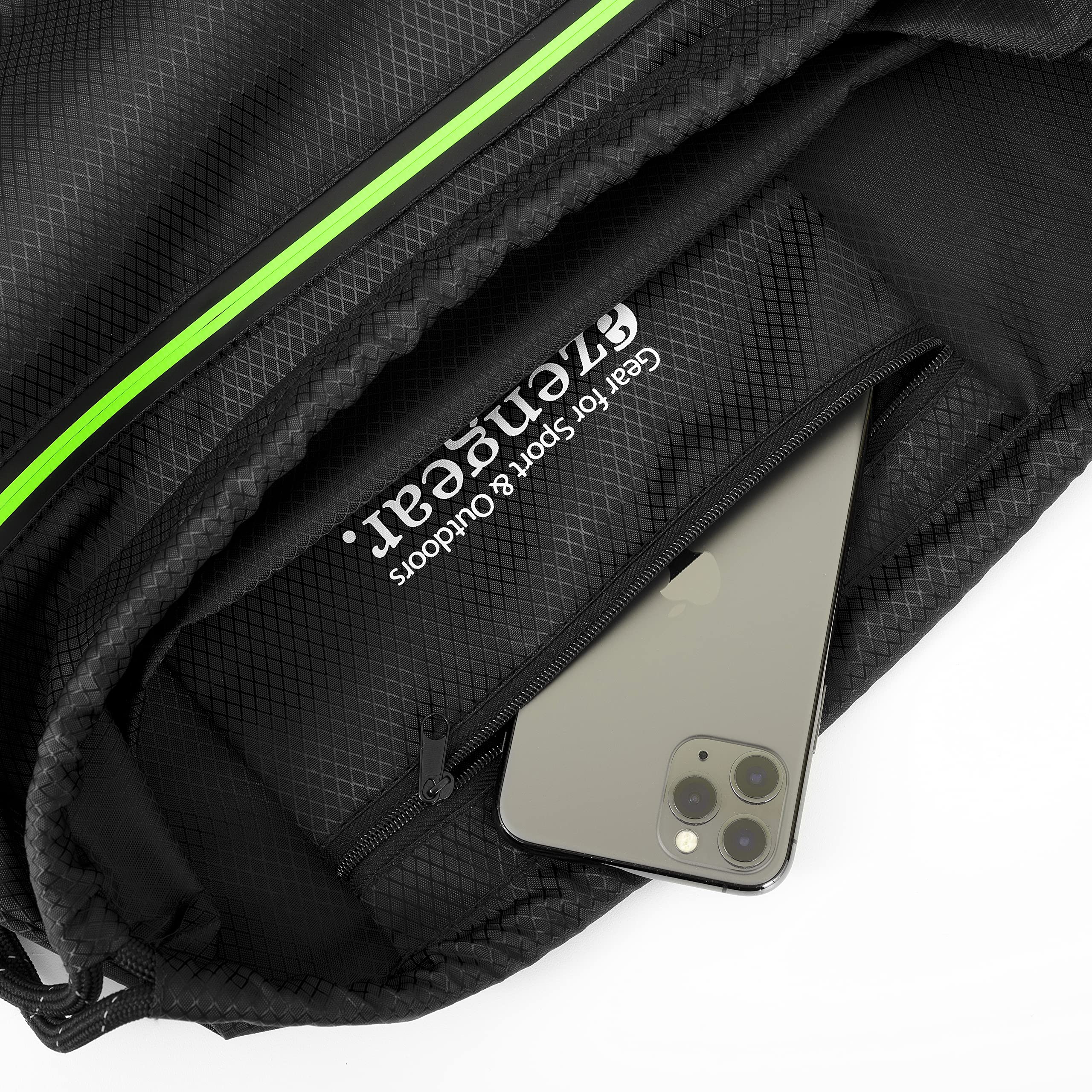aZengear Drawstring Bag (16x19” / 40x50cm) from Waterproof Recycled Polyester for Gym, PE, Sport, Swimming | Light Reflective Zip Pockets and String (Black)