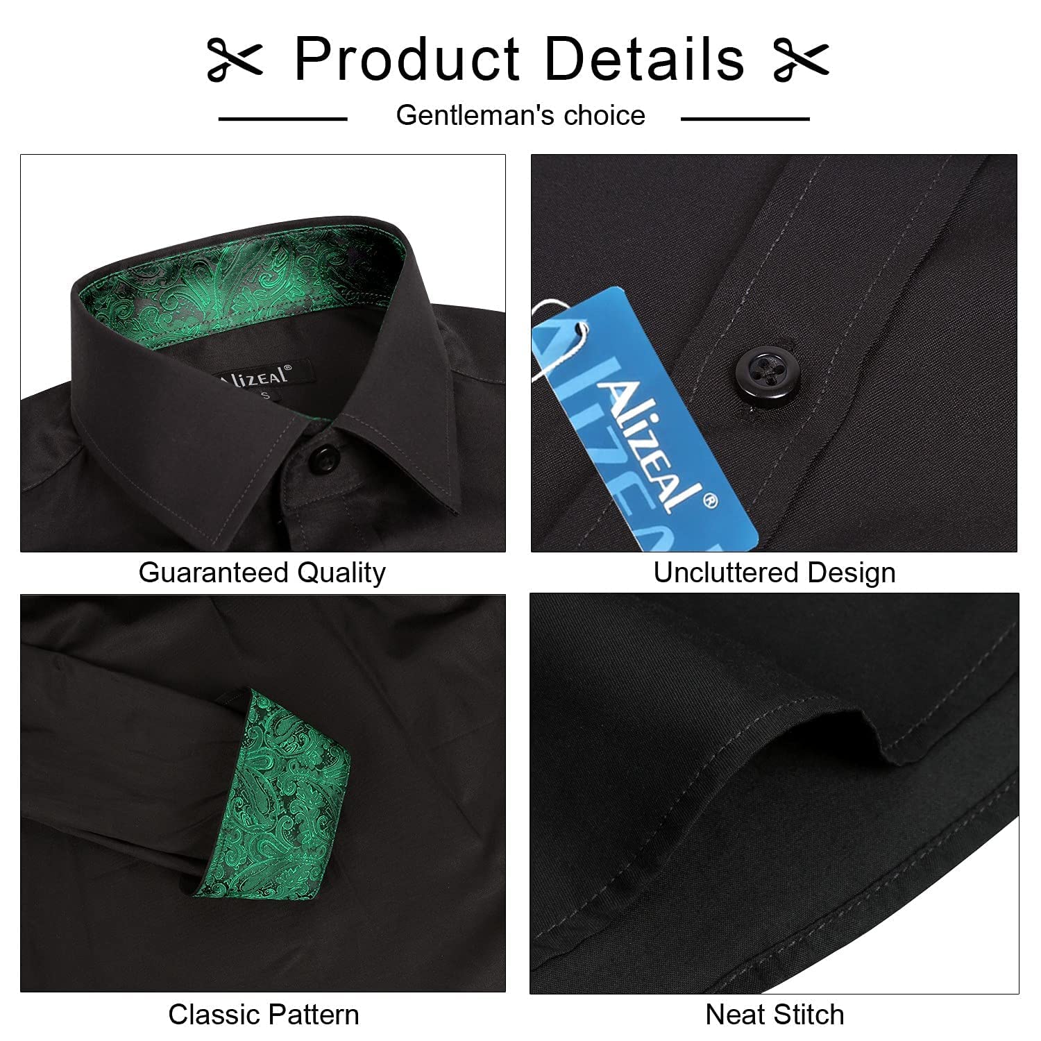 Alizeal Men's Business Slim Fit Dress Shirt Long Sleeve Patchwork Button-Down Shirt, Black and Dark Green-L