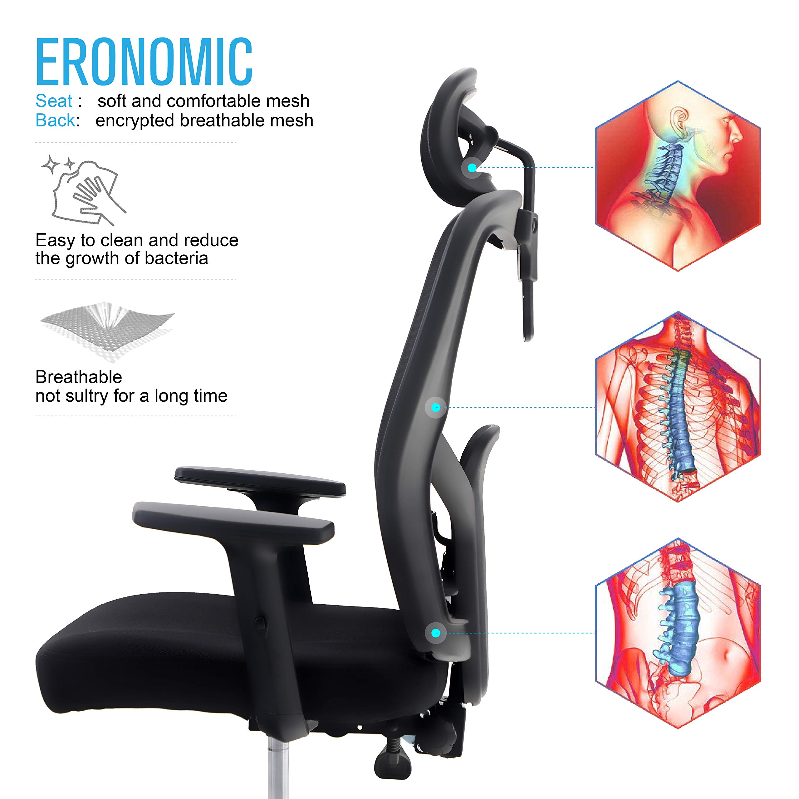 ALPHA HOME Office Chair Ergonomic Home Desk Chair High Back Mesh Task Chair with Lumbar Support Executive Stool with Adjustable Headrest & Armrest Rolling Swivel Desk Chair for Women-Capacity 250LBS