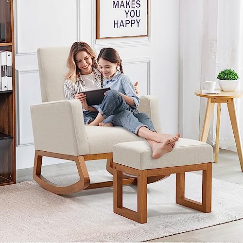 YOLENY Rocking Chair with Footstool, Upholstered Nursery Glider Rocker, Modern Accent Rocking Lounge Chair, Comfy High Back, Linen Armchair,Beige