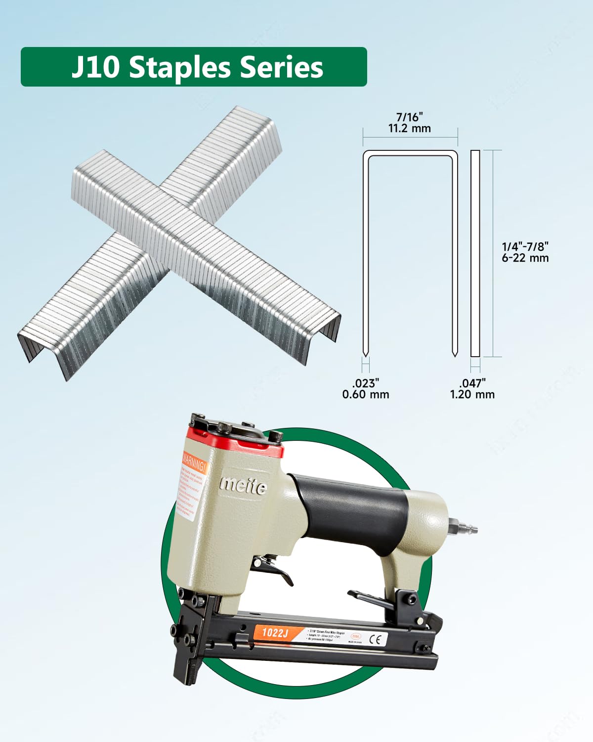 meite 20 Gauge J10 Series 7/16-Inch (11.2mm) Crown 1/2-Inch Length Upholstery Staples for Staple Gun, Fine Wire Galvanized Staples for Carpet, Work Box, Cable, Shed (5,000 Pieces)