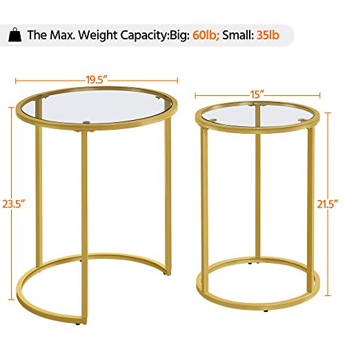 Yaheetech Round Nesting Side Table Stacking Coffee Table, Set of 2 Circular Modern End Tables w/Metal Frame & Tempered Glass Top & Protective Foot Pads for Small Space Living Room Bedroom Office
