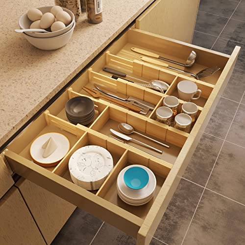 SAUStrongBe Adjustable Bamboo drawer dividers with 4 dividers,6 inserts, Spring Loaded adjustable drawer organizer, Expandable Organization for Home, Office, Dressers and Bathroom (17- 22 in)