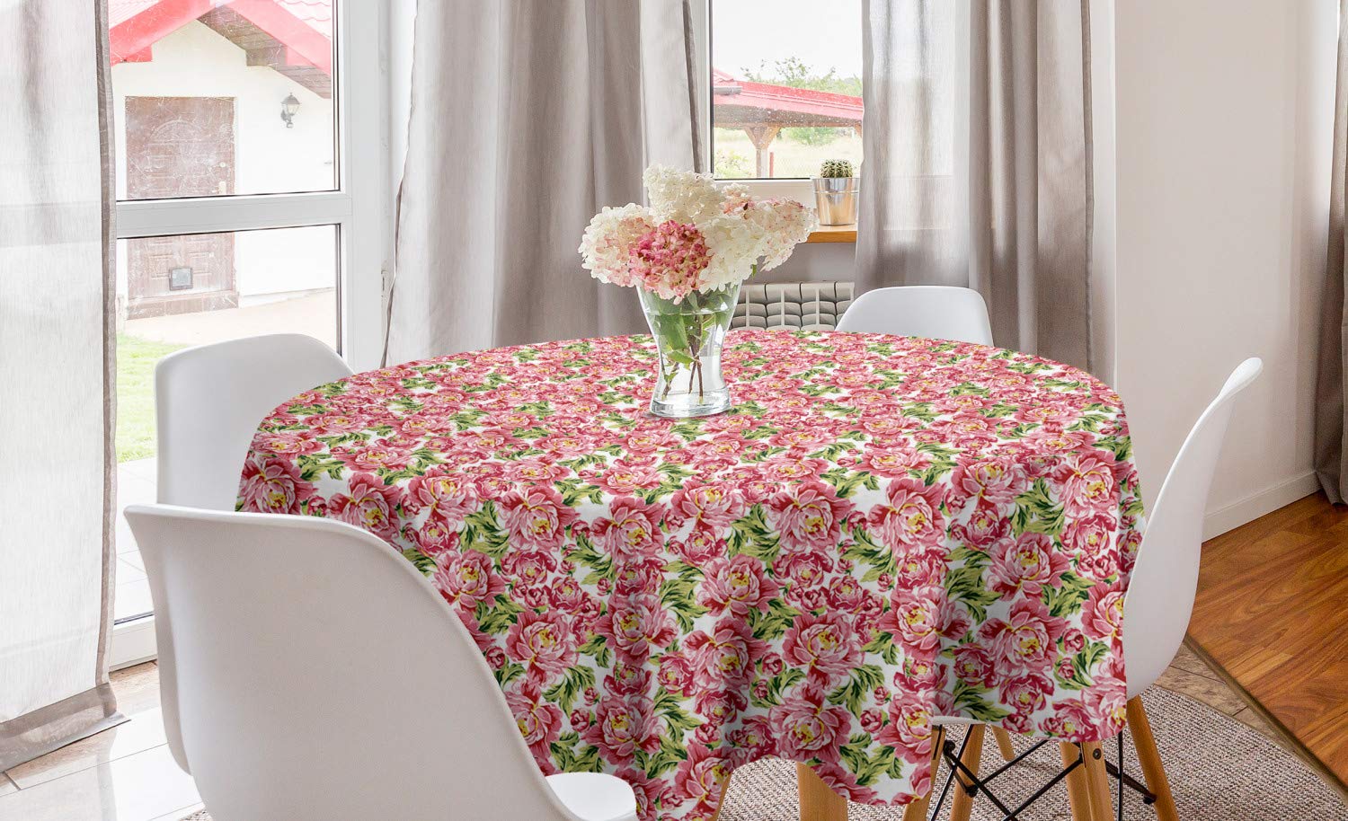 Ambesonne Romantic Round Tablecloth, Vintage Inspired Peonies with Fresh Vibrant Spring Season Foliage Leaves, Circle Table Cloth Cover for Dining Room Kitchen Decoration, 60", Pale Pink Fern Green