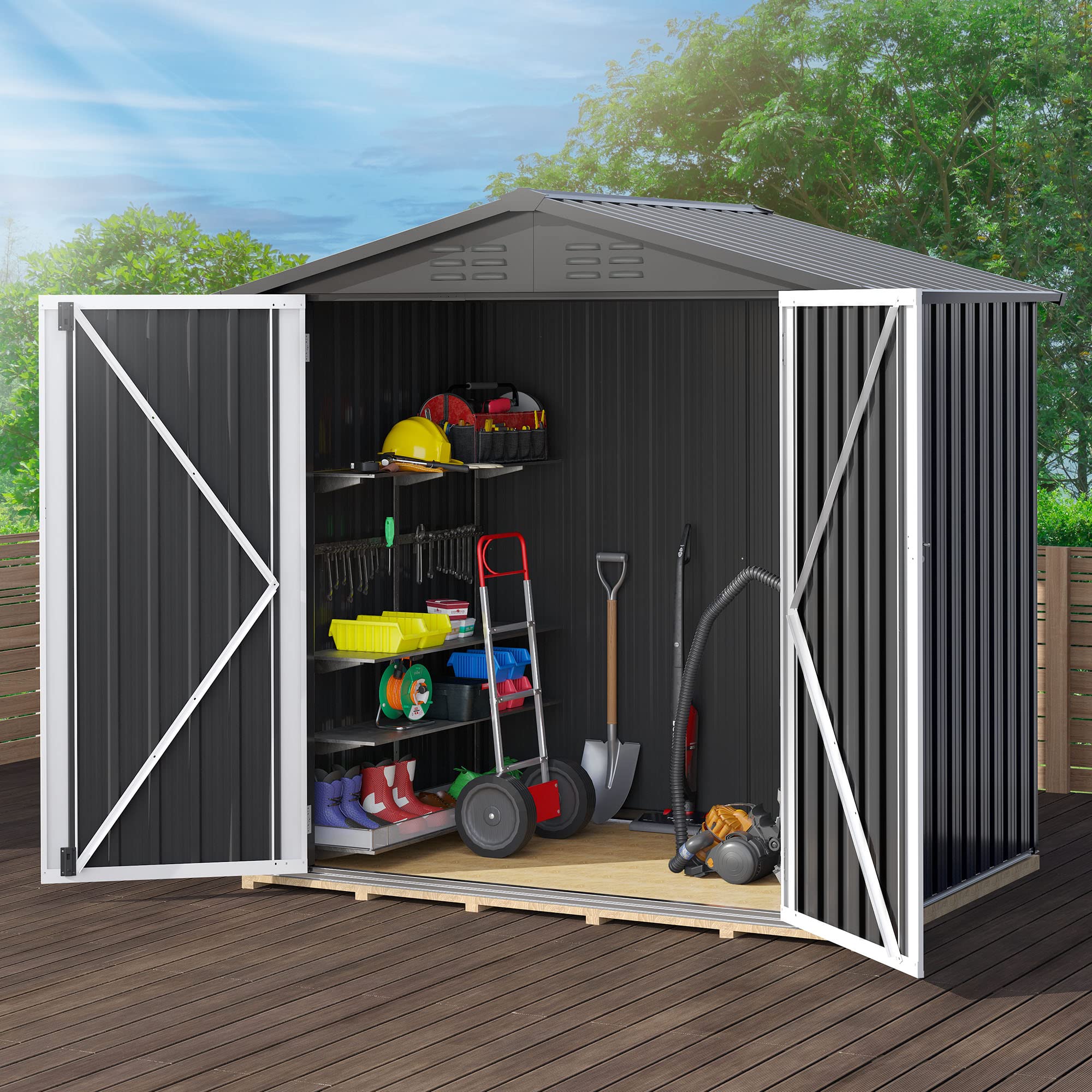 DWVO 6' x 4' Outdoor Storage Shed, Large Metal Tool Sheds, Heavy Duty Storage House with Lockable Doors & Air Vent for Backyard Patio Lawn to Store Bikes, Tools, Lawnmowers,Dark Gray