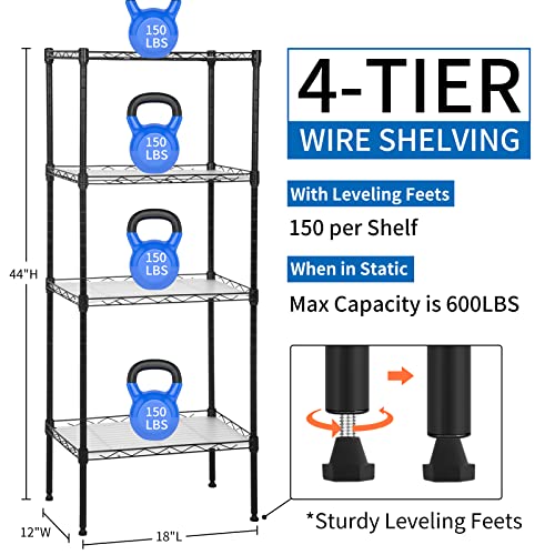 YRLLENSDAN Adjustable Height Wire Shelving with Shelf Liners, 4 Tier Metal Storage Shelves 600lbs Loading Capacity Shelving Units and Storage for Kitchen and Closet (18W x 12D x 44H), Black