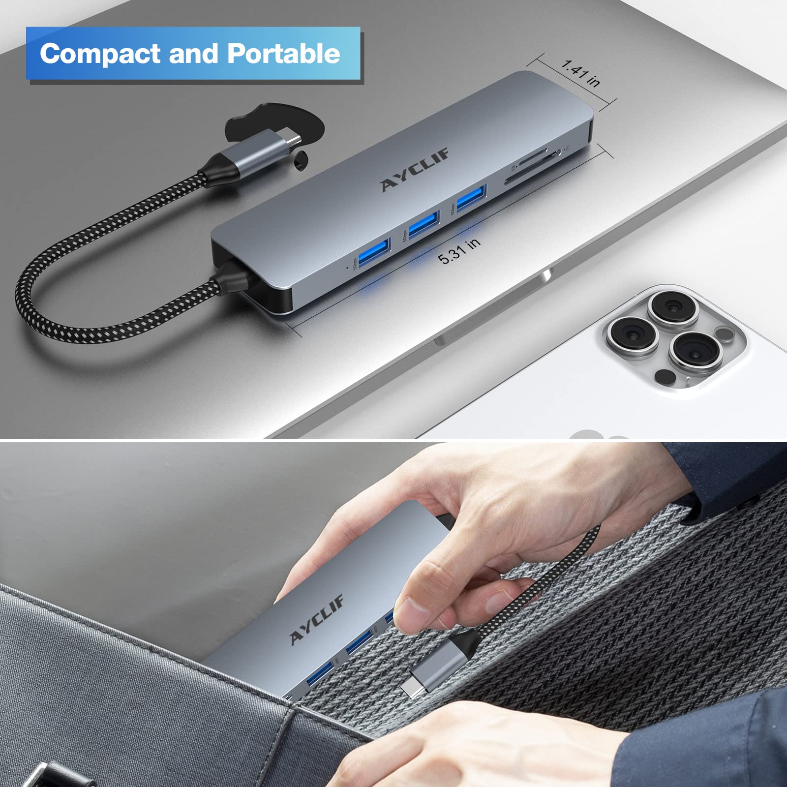 AYCLIF 6 in 1 USB C Hub, Dual Display USB C Adapter for MacBook Pro/Air, USB 3.0 5Gbps Fast Docking Station (4K HDMI,SD/TF,USB A 3.0) for Dell,Surface,HP,Lenovo and Type C Devices
