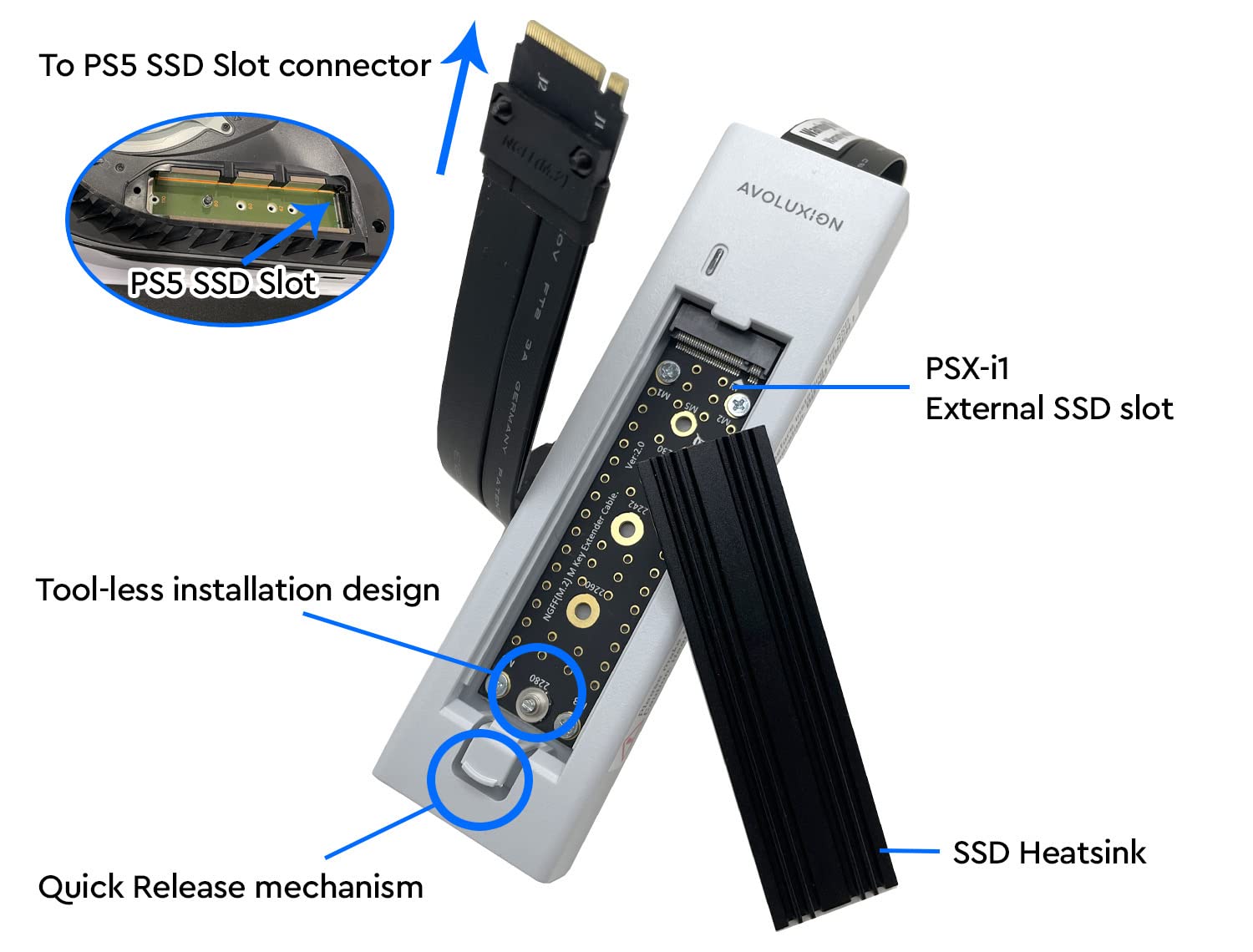 Avoluxion External SSD Expansion Upgrade Kit w/SSD Heatsink for PS5 Game Console (PSX-i1) - Turn Your PS5 Internal SSD Slot to External SSD Expansion Kit - 2 Years Warranty