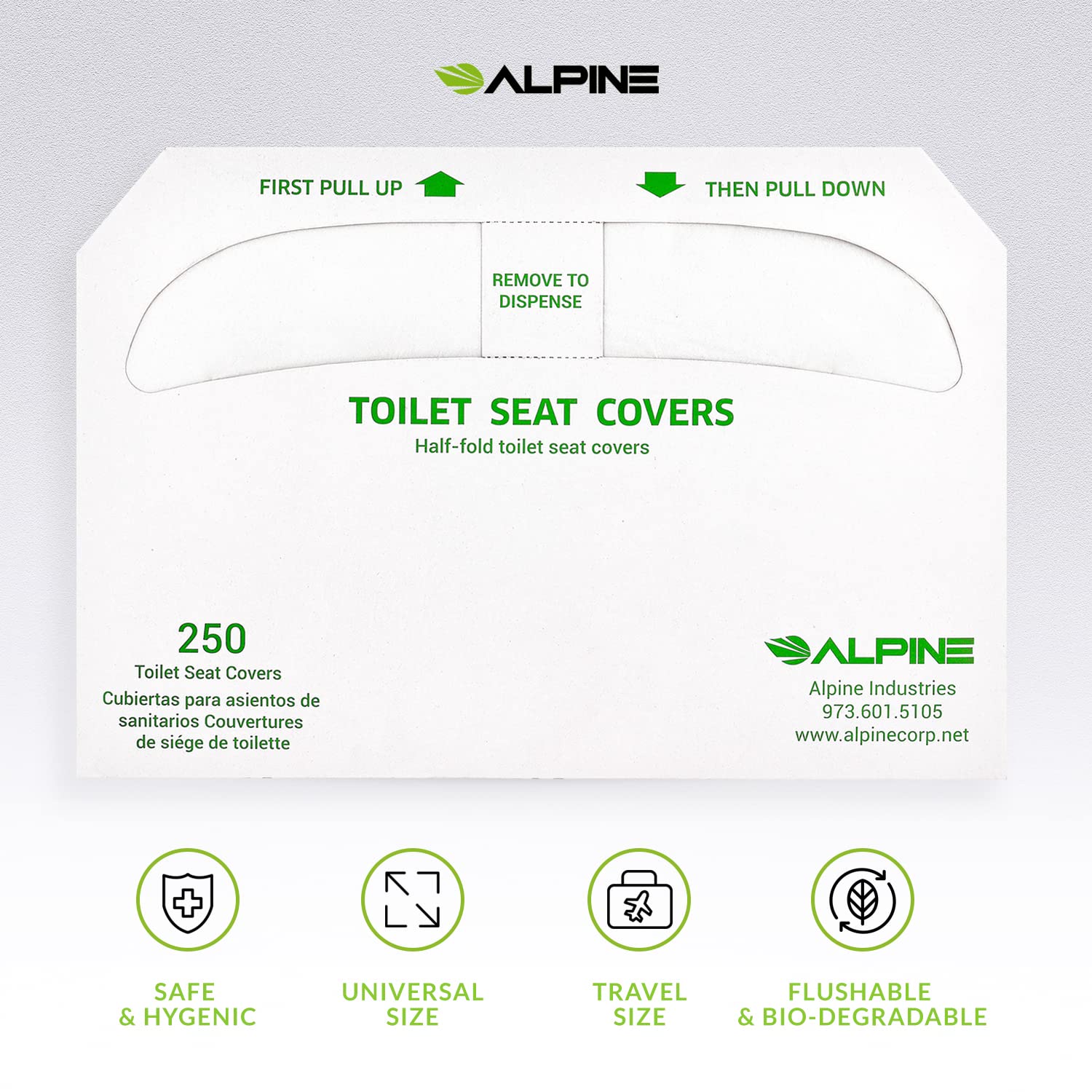 Alpine Industries 20 Packs of 250 Half-Fold Toilet Seat Covers - For Adults and Kids Potty Training, 100% Biodegradable - White (5000 Sheets)