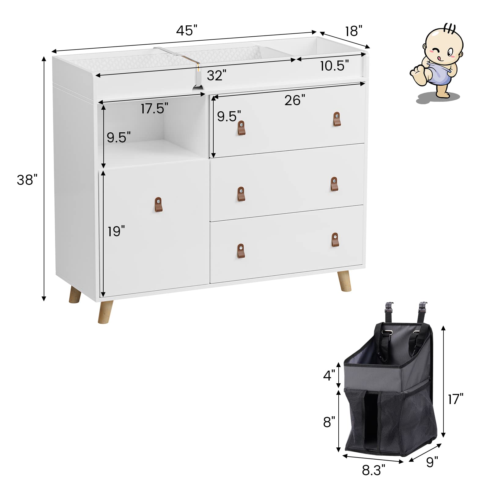 Baby Changing Table Dresser, Modern Nursery Dresser Chest Storage Changing Dresser with 3 Drawers & 1 Shelf, Diaper Changing Pad (White)