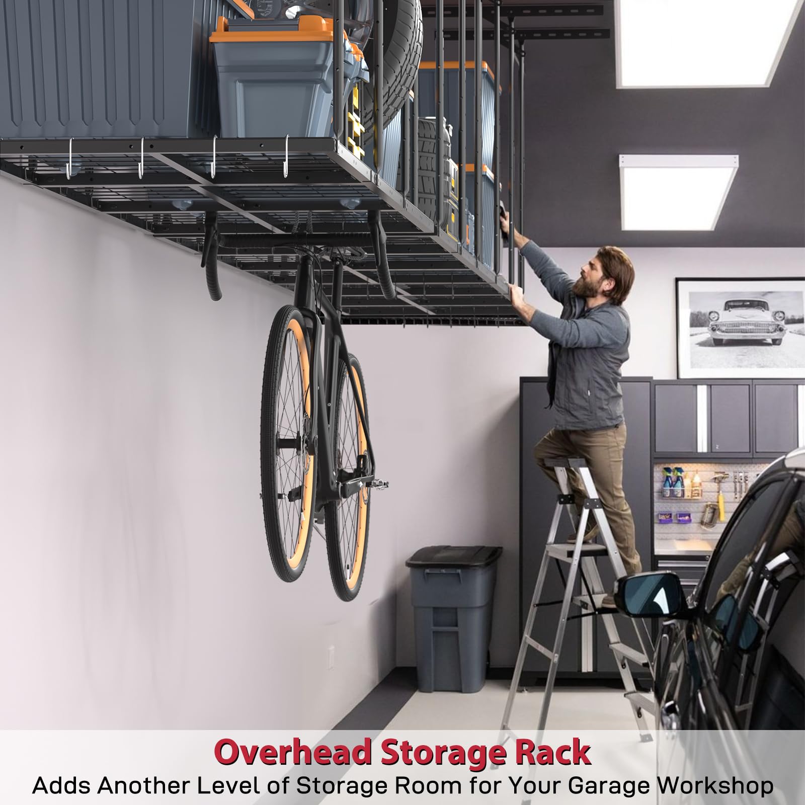 Besiost 32 Inches L Shaped Overhead Storage Rack, Height Adjustable Garage Storage Organization System, Heavy Duty Reversible Garage Ceiling Storage Rack for Garage, Warehouse, Load 700LBS