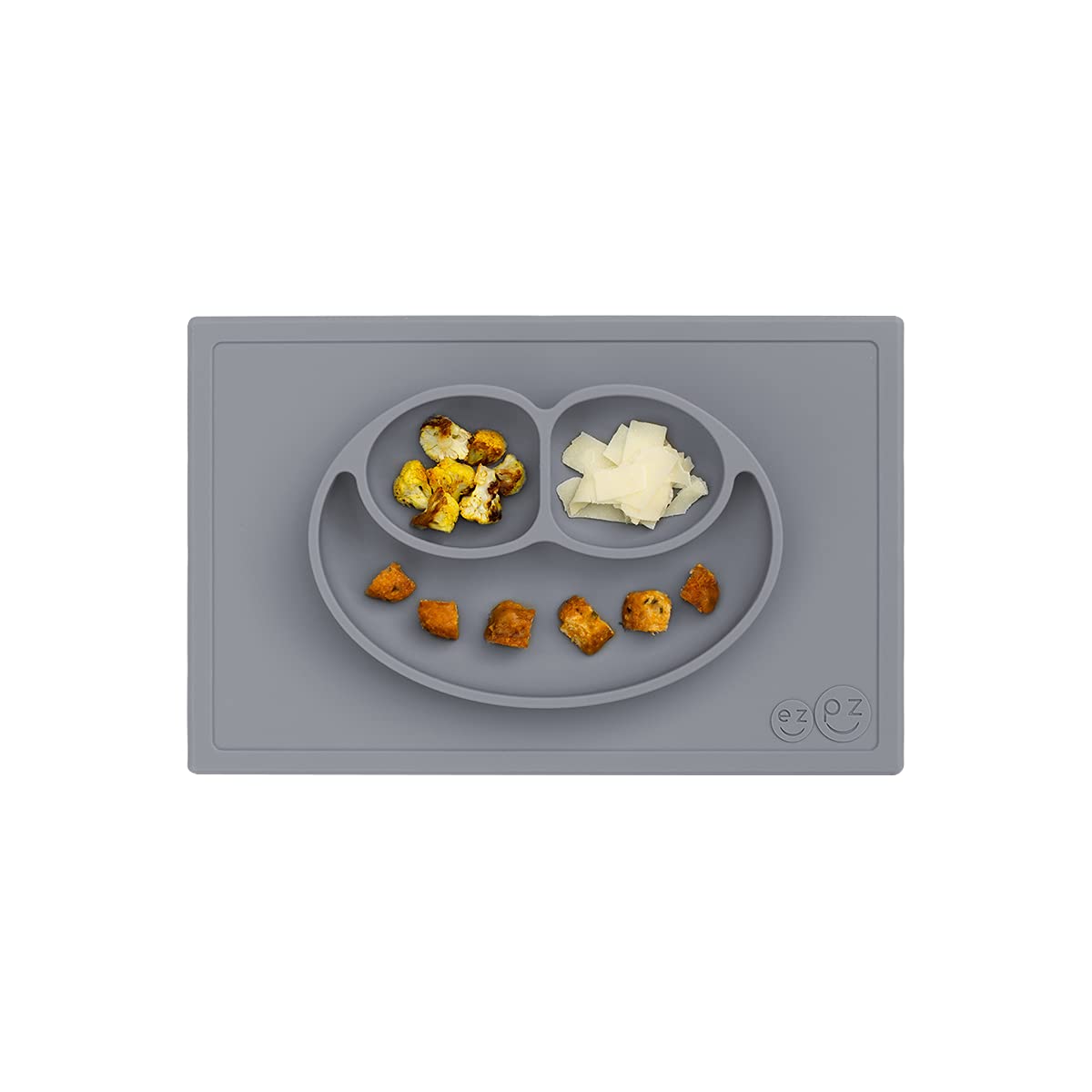 ezpz Happy Mat - 24 Months+ (Gray) - 100% Silicone Suction Plate with Built-in Placemat for Toddlers + Preschoolers - Divided Toddler Plates - Toddler Essentials