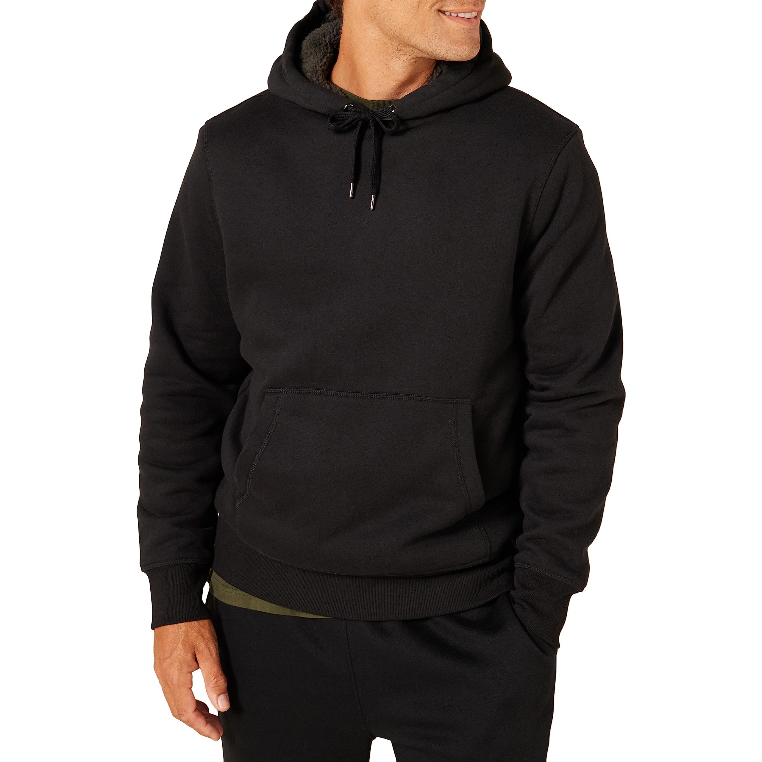 Amazon Essentials Men's Sherpa-Lined Pullover Hoodie, Black, Large