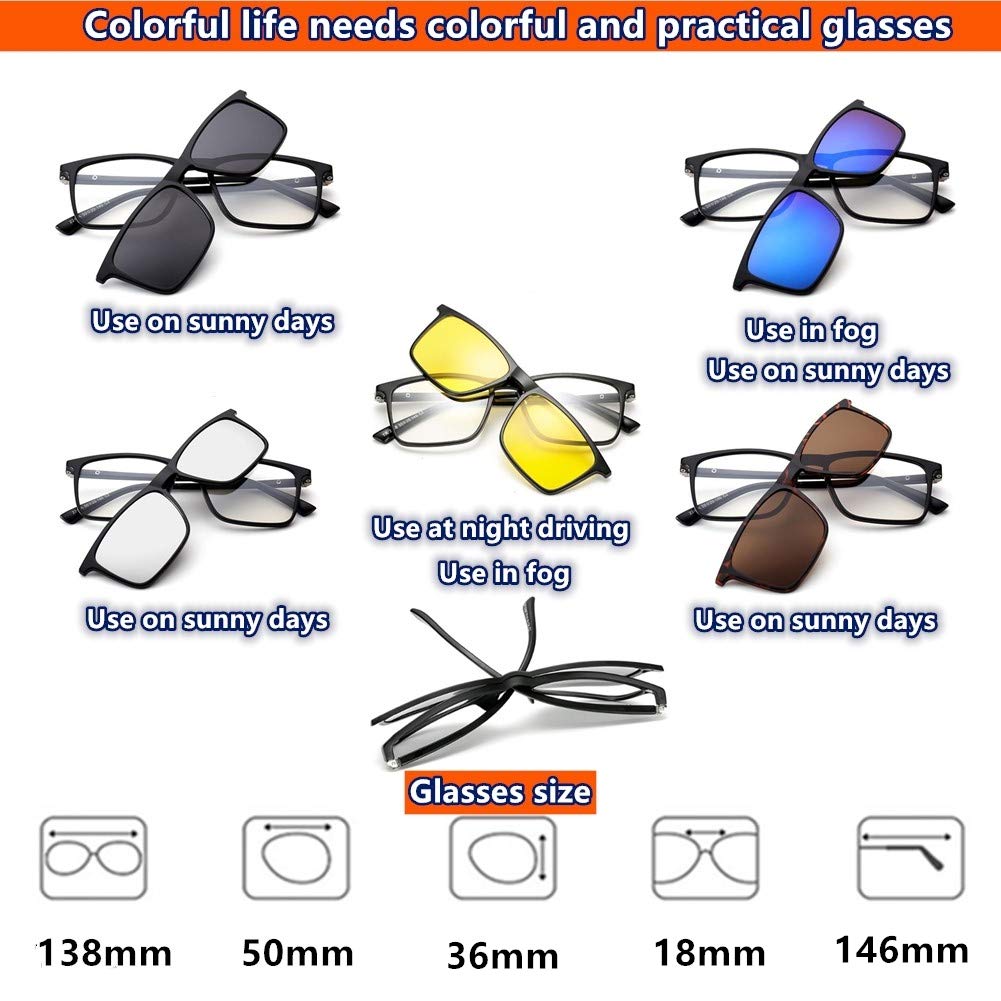 AOHENG TR90 5Pcs Magnetic Clip on Sunglasses Over Glasses for Night Driving