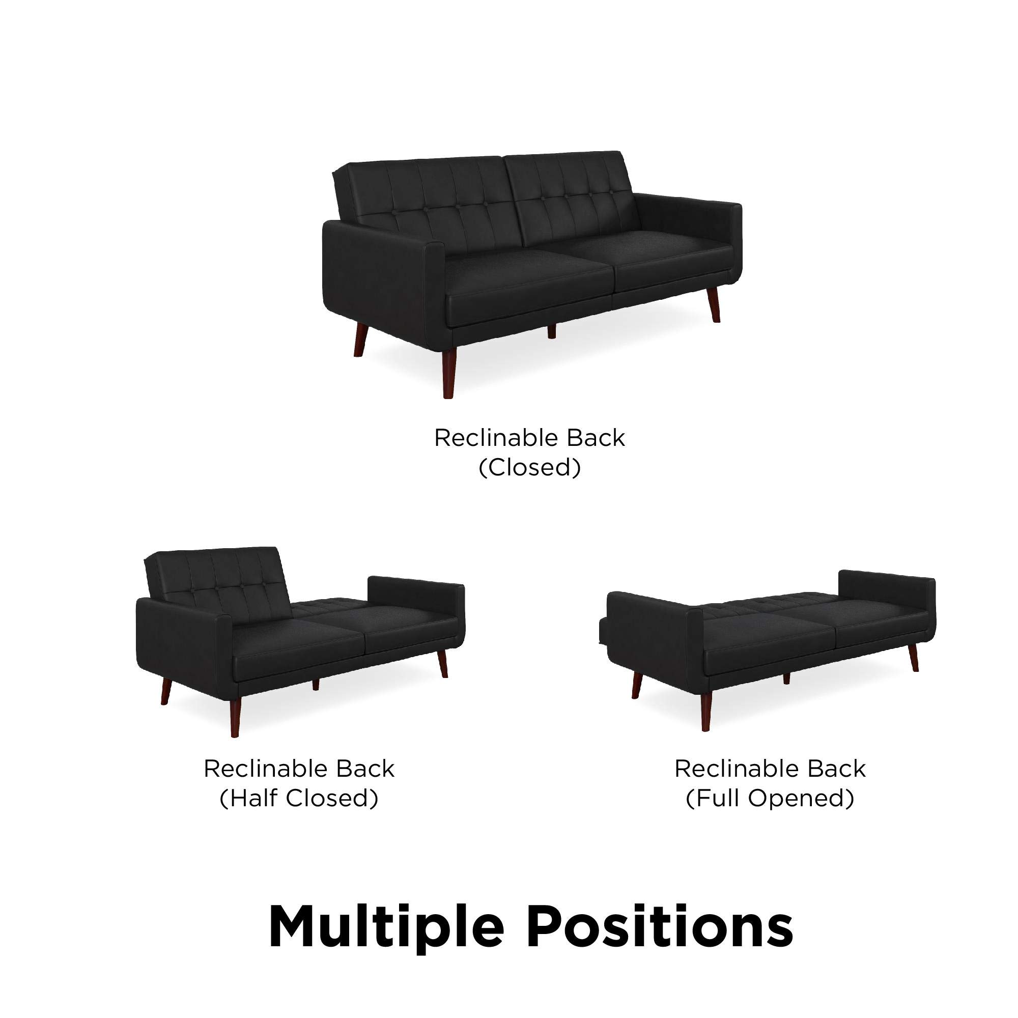 DHP Nia 79 Inch Futon Sofa Bed in Faux Leather, Upholstered Couch Sleeper with Button Tufted Back, Mid-Century Modern, Black