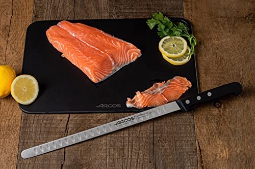 ARCOS Salmon Knife / Fish Knife 11 Inch Nitrum Stainless Steel and 290 mm blade. Ergonomic Polyoxymethylene POM Handle. Series Universal. Long, sturdy blade and serrated edge. Easily cuts. Color Black