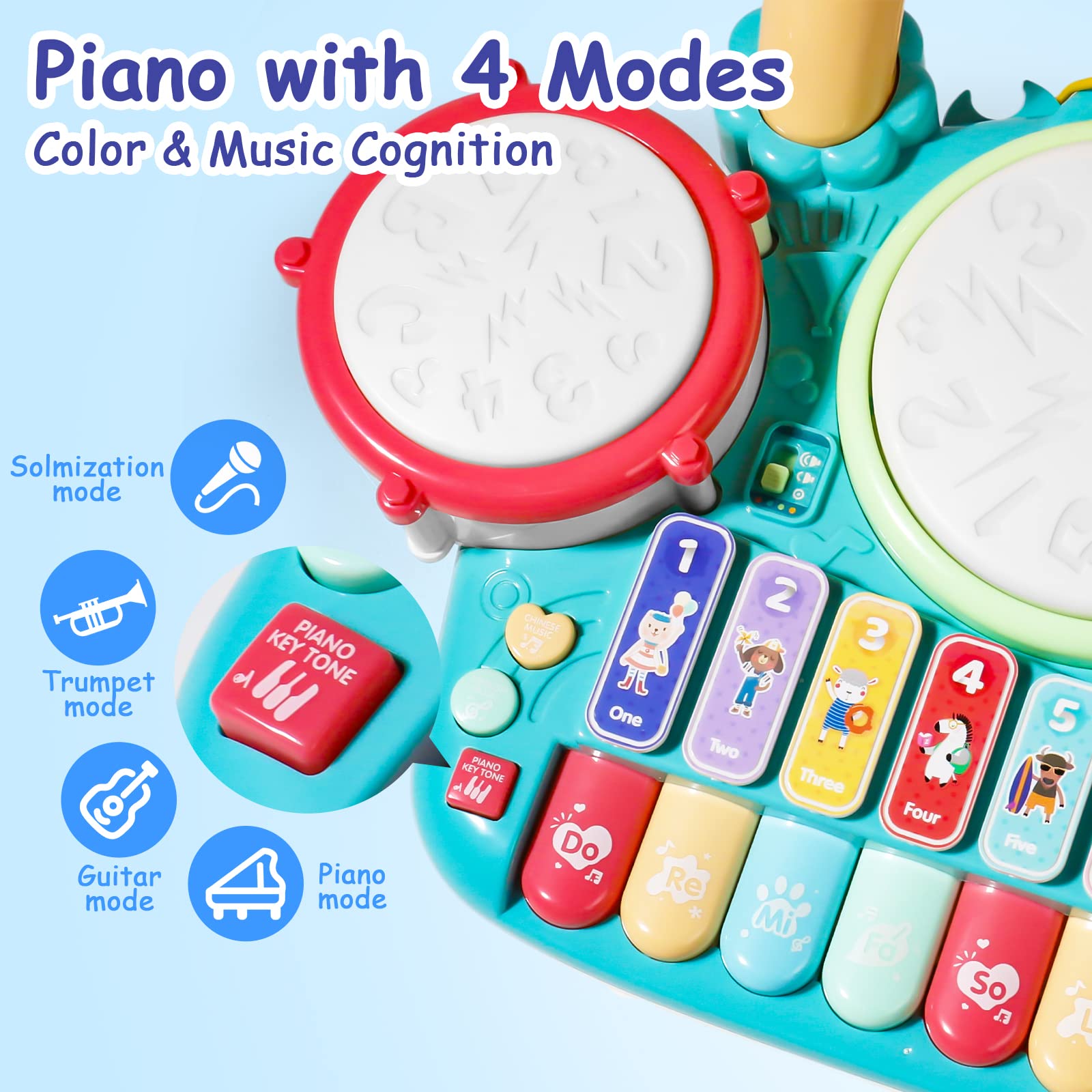 Fajiabao Kids Drum Set for Toddlers 1-3 with Microphone, Baby Drum Kit Musical Toys for 1 Year Old Boy Girl Light Piano Keyboard, Early Learning Instruments for 6 12 18 Month