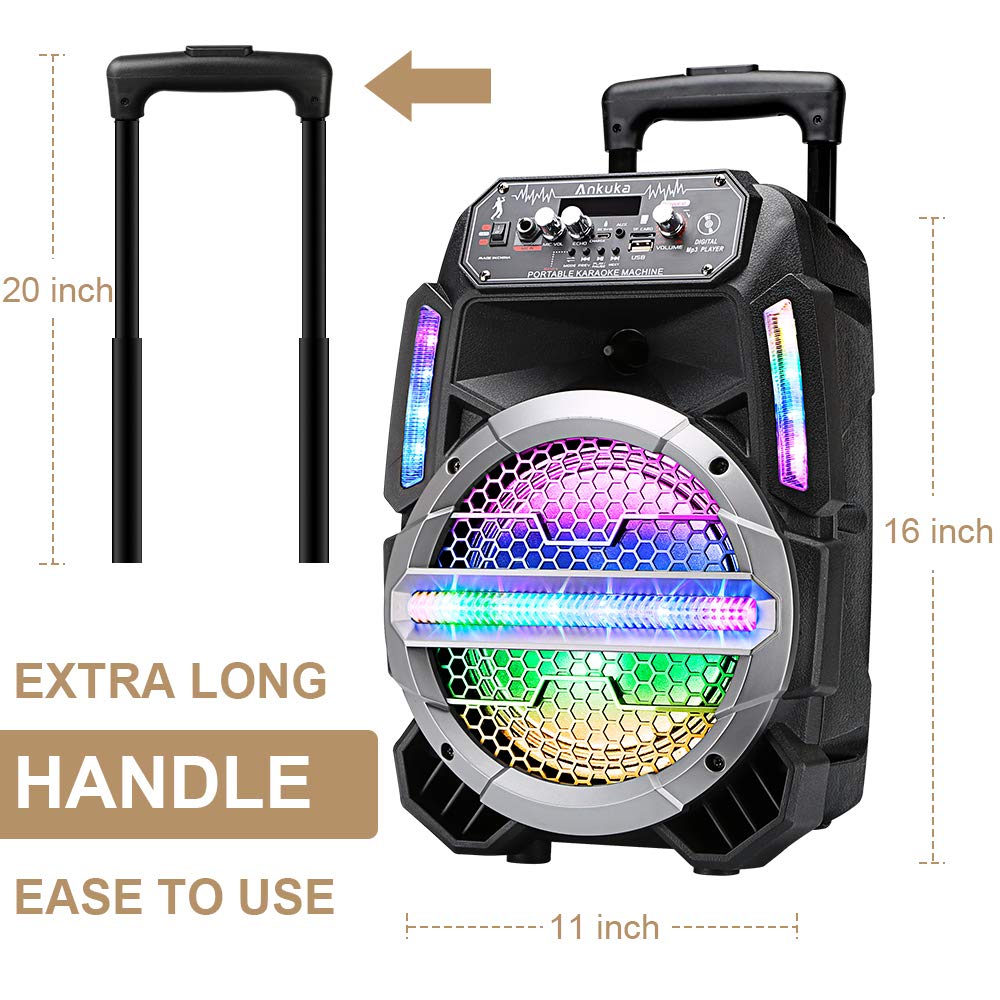 Ankuka Bluetooth Karaoke Machine for Kids and Adults with Colorful LED Lights, Wireless PA Speaker Sound System with 8'' Subwoofers and Wired Microphone for Party, Singing