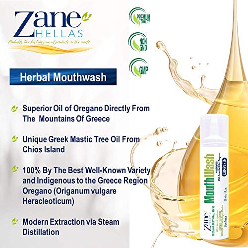 Zane Hellas MouthWash. Oral Rinse with Oregano Oil Power. Ideal for Gingivitis, Plaque, Dry Mouth, and Bad Breath. Alcohol and Fluoride Free. 100% Herbal Solution. 2 fl.oz.-60ml.