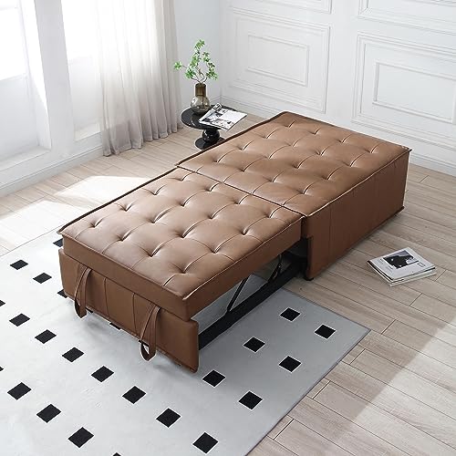 Bellemave 3 in 1 Pulling Out Ottoman Sofa Bed,Multipurpose Faux Leather Folding Ottoman Sleeper Couch Lounger,Convertible Adjustable Sleeper Chair for Living Room Apartment Office(Brown PU)