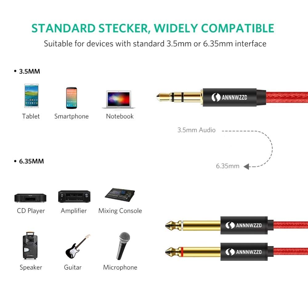 ANNNWZZD 1/8 to 1/4 Stereo Cable, 1/4 to 3.5mm 1/8 TRS Y Splitter Audio Cord Compatible with Phone, PC, Computer Sound Card 10ft/3m