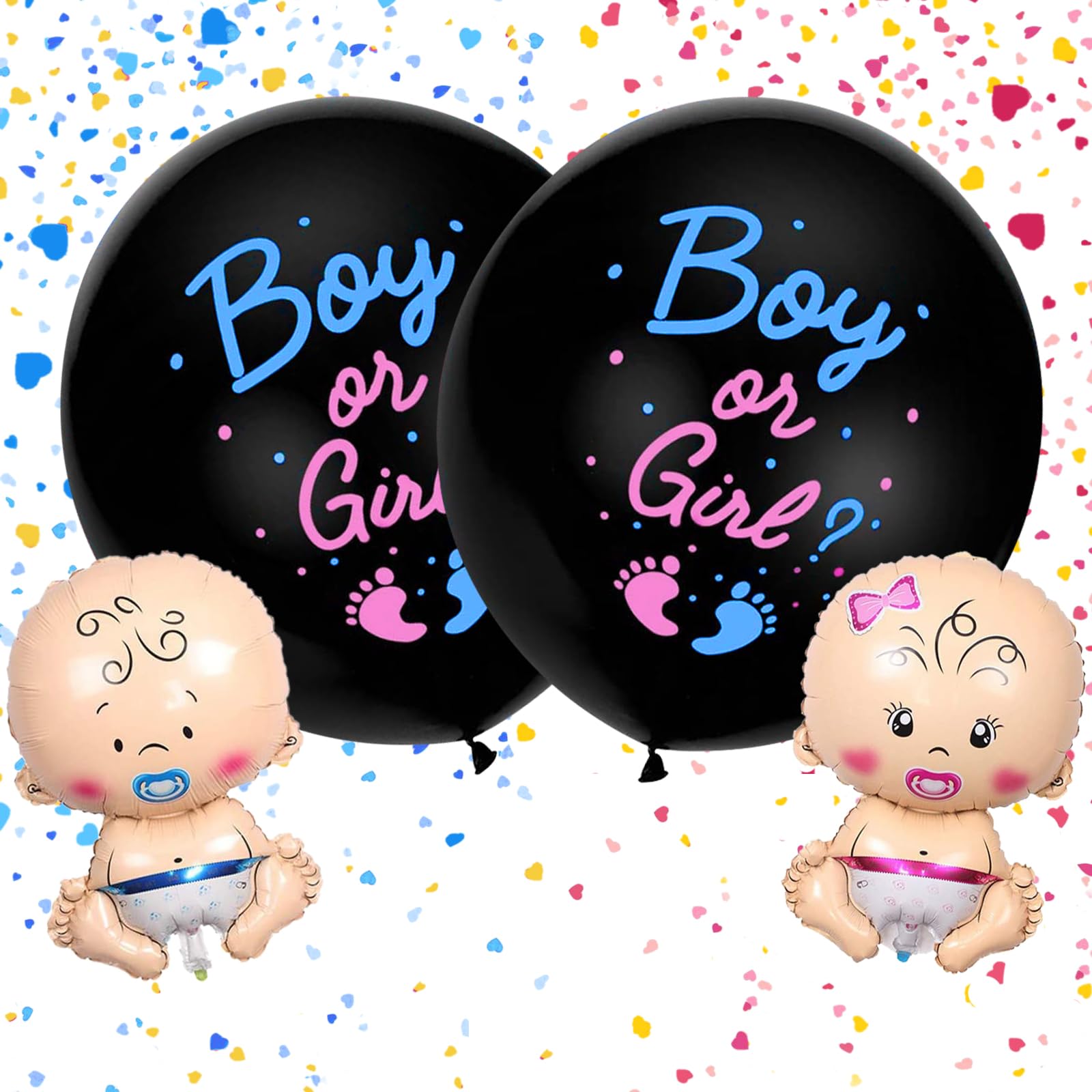 BLOOMWIN 2pcs Black Gender Reveal Balloons 36“ with Heart Confetti, Baby Boy and Girl Large Foil Balloons, Boy or Girl Gender Reveal Decorations Kit Baby Shower Pink and Blue