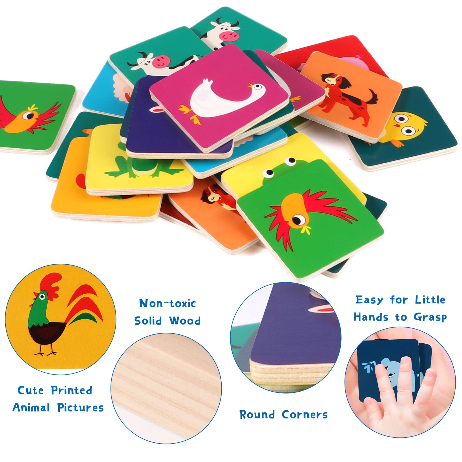 Atoylink Animals Matching Memory Game for Kids 30 Pcs Wooden Memory Card Concentration Matching Game Toddlers Preschool Learning Acticities for 3 4 Years Boys Girls