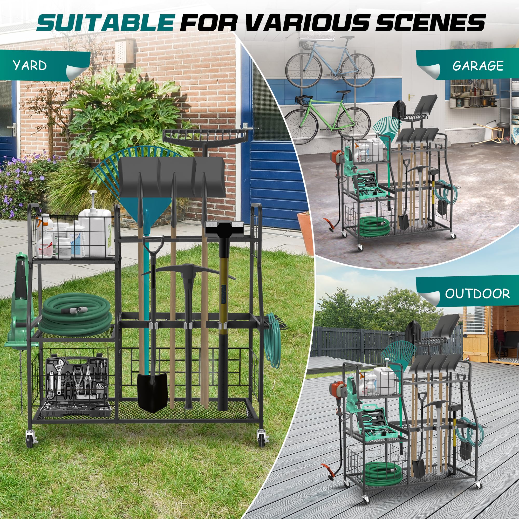Rengue Garden Tool Organizer, 3 Tier Utility Yard Tool Organizer with Wheels, Large Garden Tool Storage Rack with Extra Storage Basket for Shed/Garage/Garden/Yard/Lawn