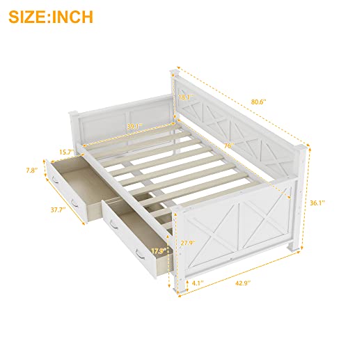 Bellemave Twin Daybed Frame with Storage Drawers,Wood Platform Beds Captain Sofa Bed for Kids,Bedroom,Living Room(Cream White)