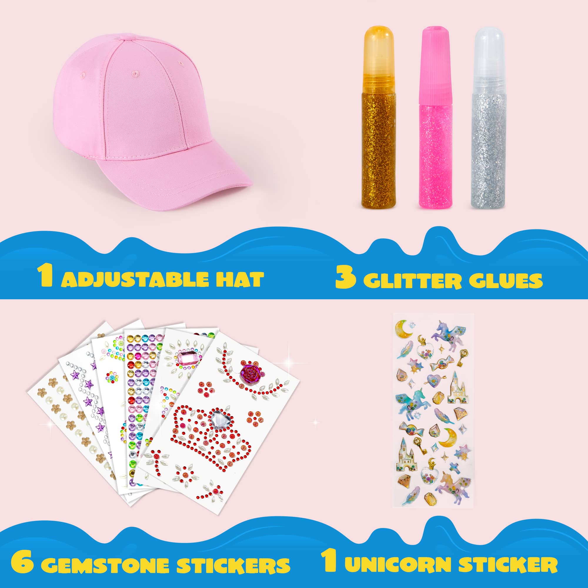 Klever Kits Decorate Your Own Baseball Cap with 7 Sheets Gems Stickers, Art & Crafts Kit for Kids, Fun Creative DIY Toys for Kids Girls