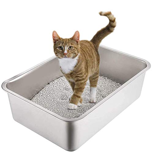 Yangbaga Stainless Steel Litter Box for Cat and Rabbit, Odor Control Litter Pan, Non Stick, Easy to Clean, Rust Proof, Large Size with High Sides and Non Slip Rubber Feets (24'' x 16'' x 6'')