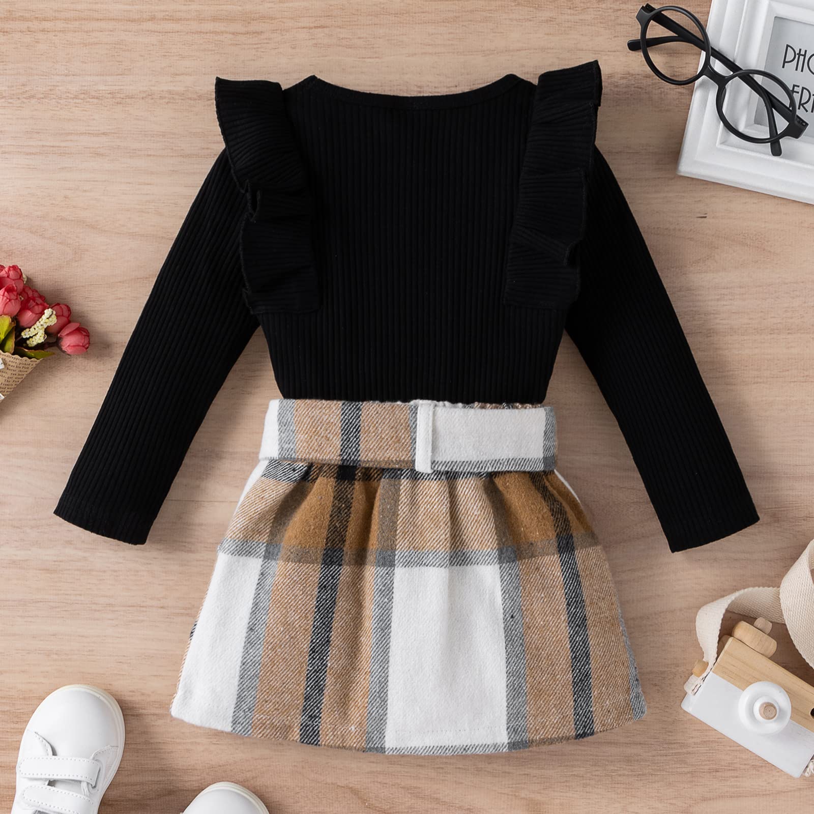Amberetech Baby Girl Clothes Set Knitted Ribbed Ruffle Long-Sleeved Top and Aolid Color Button Skirt Fall Clothes Set (3-4Years)