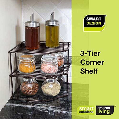 Smart Design 3-Tier Corner Shelf Storage – Bronze – Heavy Duty Steel Pantry Organizer with Rust-Resistant Finish and No-Scratch Bottom for Easy Home Organization and Storage