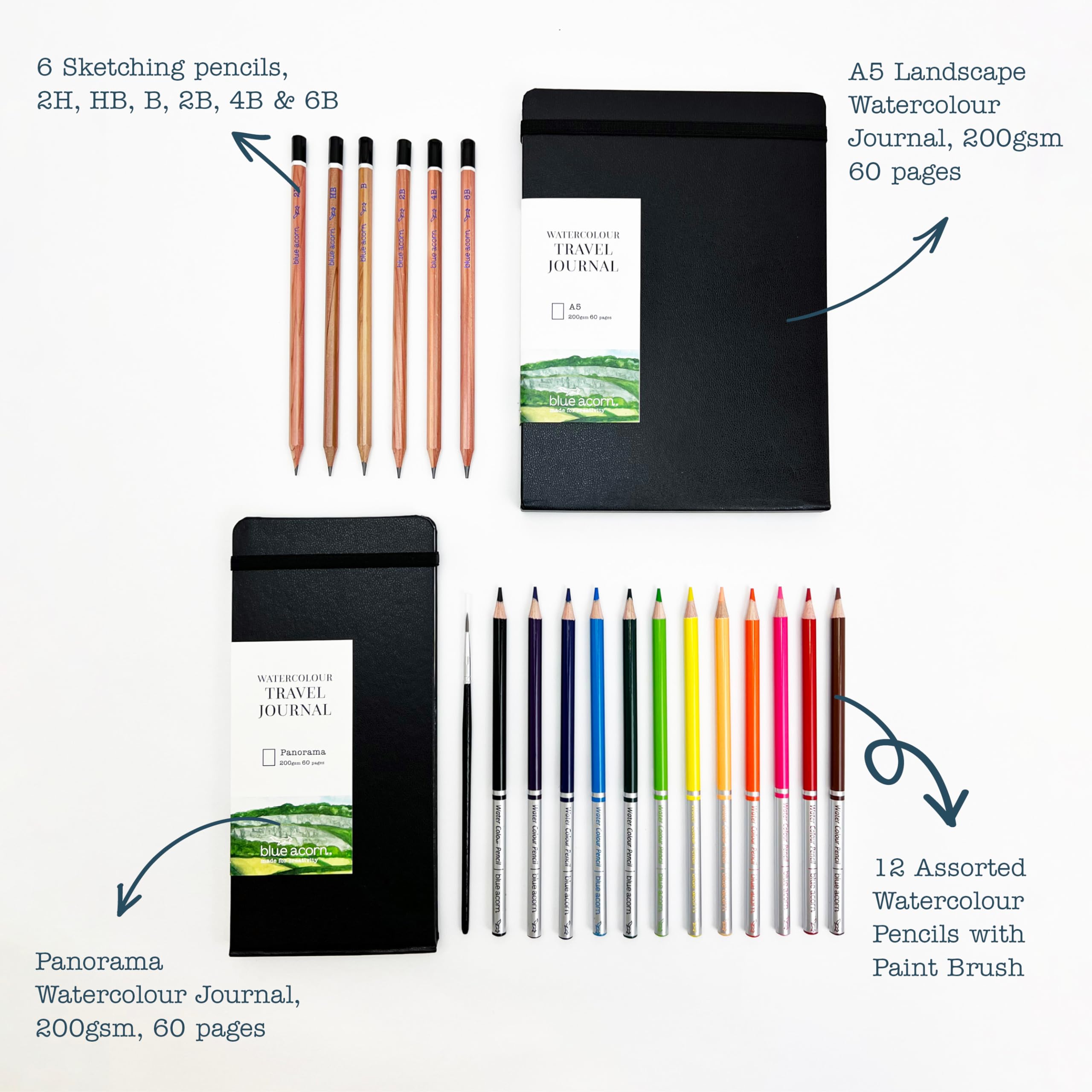 Blue Acorn Watercolour Journal Gift Set - Includes a Watercolour Travel Journal (60 Pages), an A5 Landscape Watercolour Travel Journal (60 Pages), 12 Water-Soluble Pencils and 6 Sketching Pencils