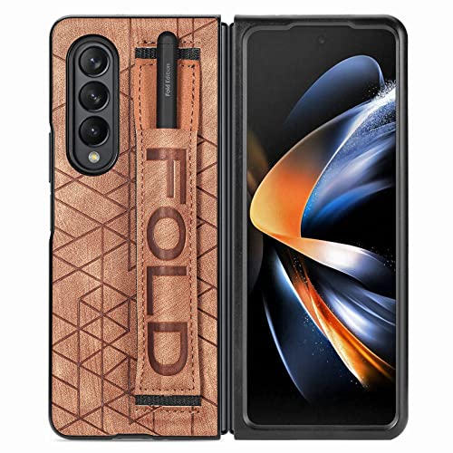 EAXER for Samsung Galaxy Z Fold 3 5G Case, Luxury Fashion Leather Case Cover with Wristband Strap & S Pen Holder Folding PU Leather Phone Case (Brown)