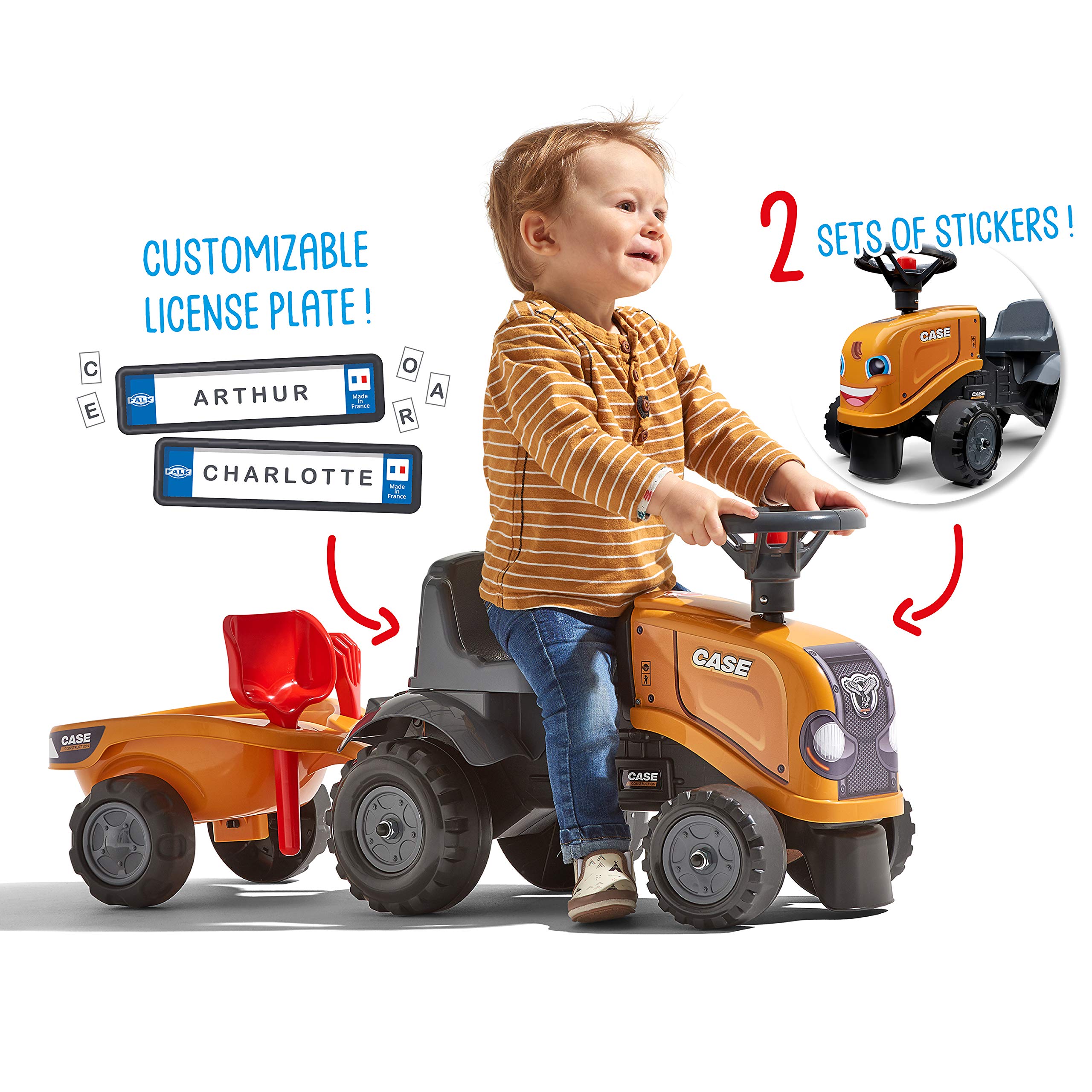 Falk Case CE Tractor with Trailer, Rake and Shovel, Rake and Shovel, 2 Sets of Stickers, Push Ride-On Toy for Toddlers +1 Year FA297C