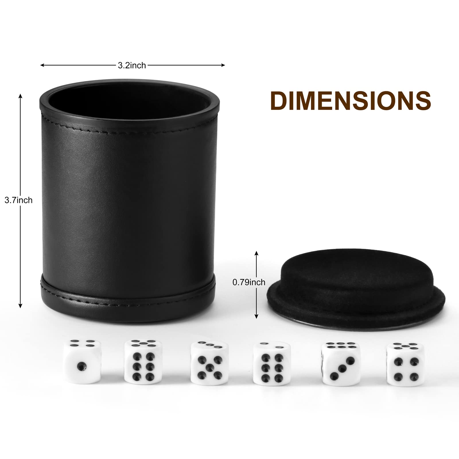 Dice Cup with Lid, PU Leather and Felt-Lined, Quiet Shaker for Yahtzee Farkle Dice Board Games, Set of Six 16mm Dice Included