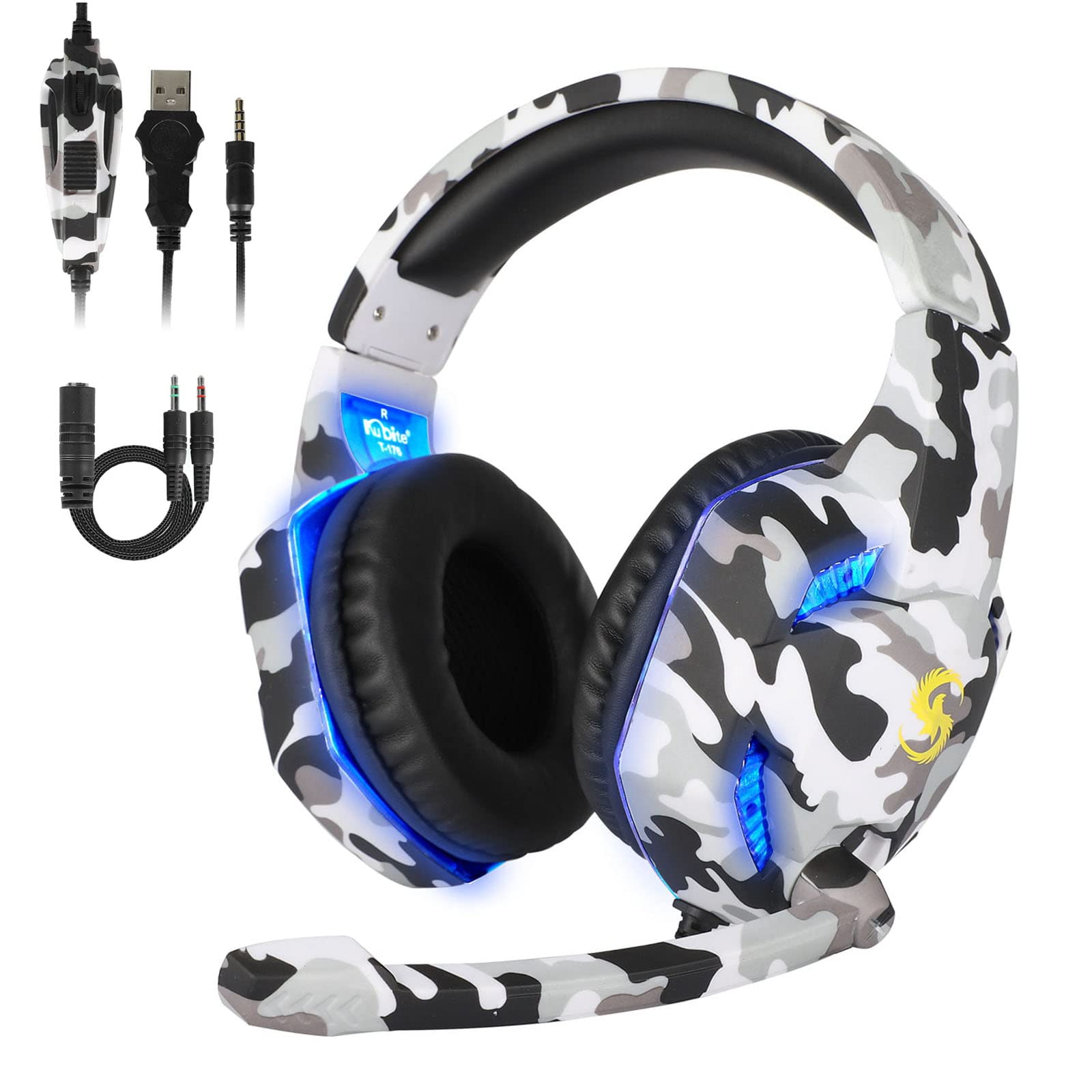 Atrasee Gaming Headset with Microphone for PC PS4 PS5 Xbox One Switch Laptop, Stereo Wired Over Ear Headphones with Surround Sound, Noise Cancelling, Soft Earmuffs, 3.5mm Aux, Camouflage