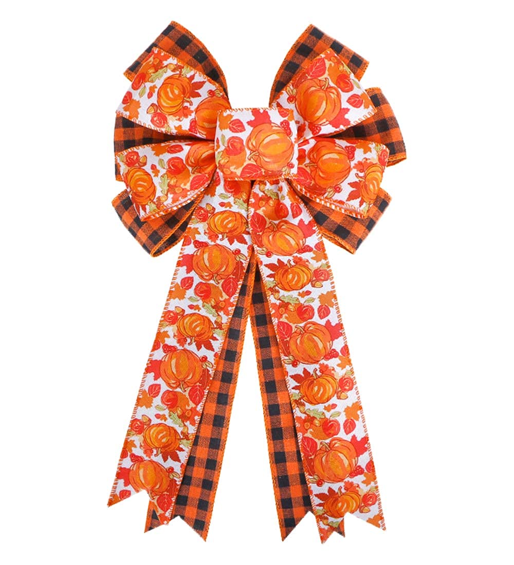 Fall Wreath Bows, Autumn Bow Orange Buffalo Plaid Pumpkin Wreath Bow for Fall Bows Knot Thanksgiving Dinner Party Fireplace Christmas Halloween Home Garden Party Decor